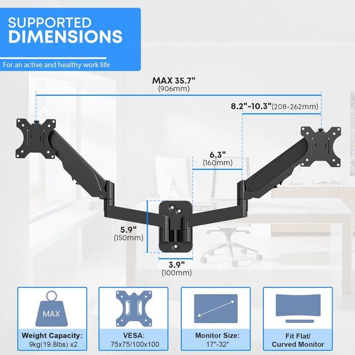 Support Mural 2 Moniteur pour PC et TV – Écrans de 17 à 32" - Bras ...