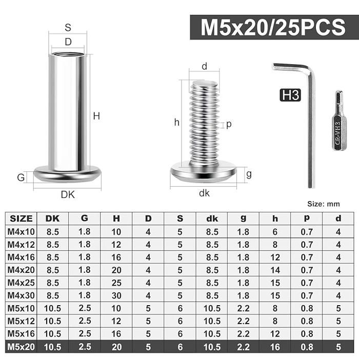 50 Pezzi Vis Assemblage Meuble M5x20 mm (25 Ecrous à Douille et 25 Vis ...