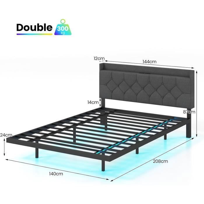 COSTWAY Structure de Lit Flottant 200 x 140 cm avec LED, Contrôle ...