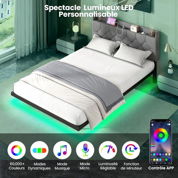 COSTWAY Structure de Lit Flottant 200 x 140 cm avec LED, Contrôle ...