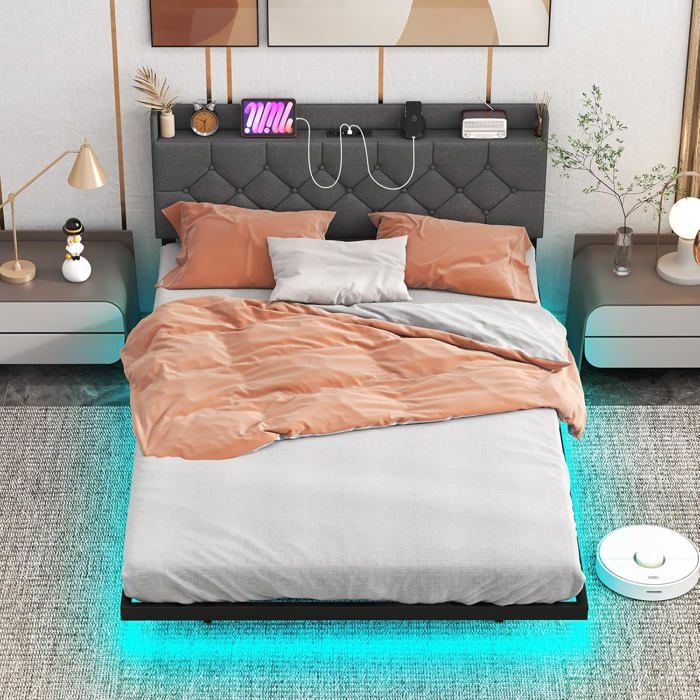 COSTWAY Structure de Lit Flottant 200 x 140 cm avec LED, Contrôle ...