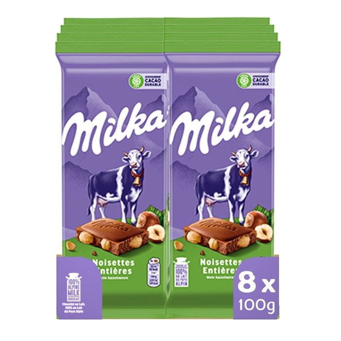 Milka - 8 tablettes de chocolat au lait et aux noisettes entières ...