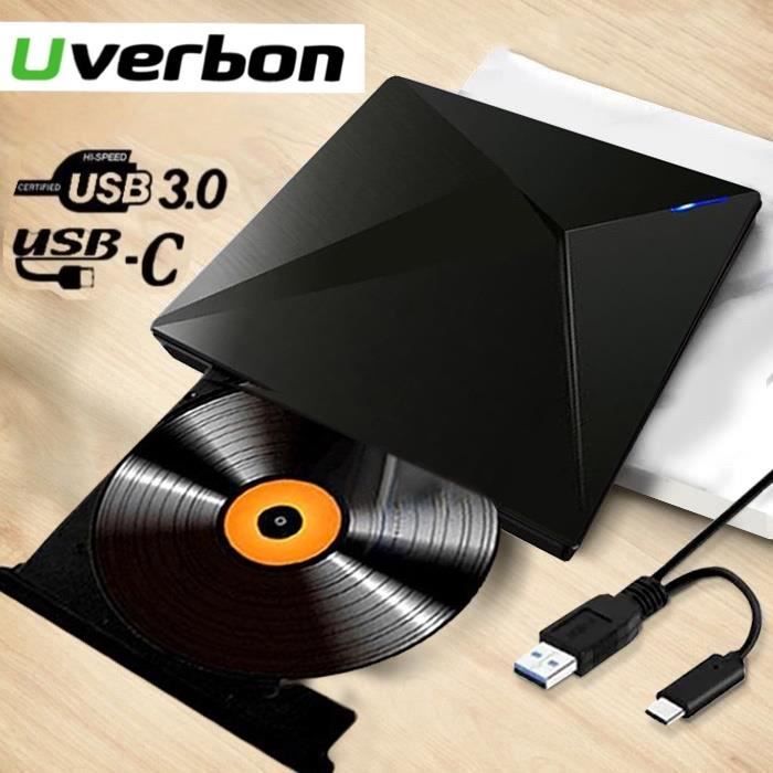 UVERBON Graveur Lecteur Externe DVD CD Type C et USB 3.0 Portable Pour Windows XP 7 8 10 Macbook ...