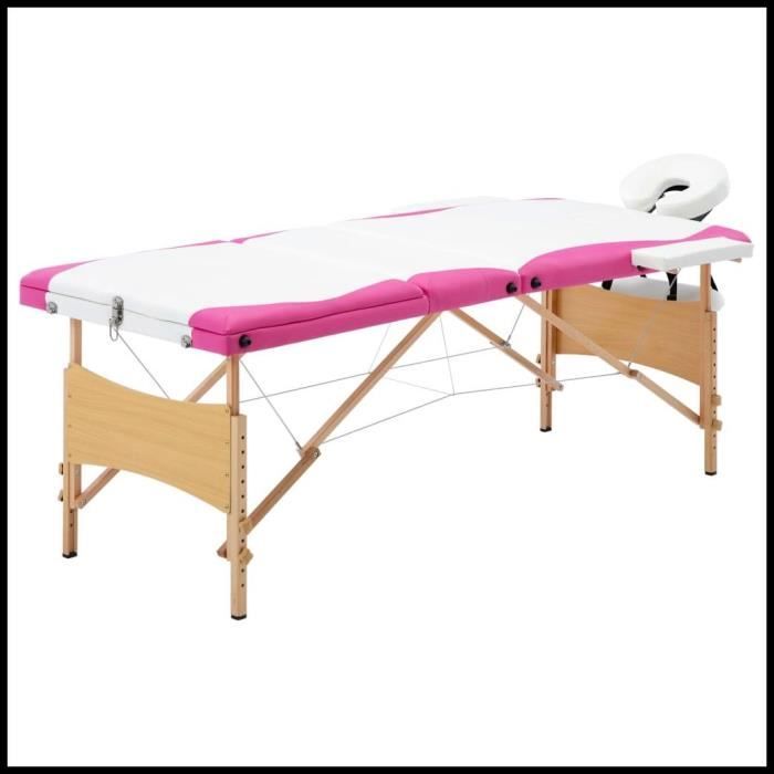 DXBK Table de massage pliable 3 zones Bois Blanc et rose 110218 ...