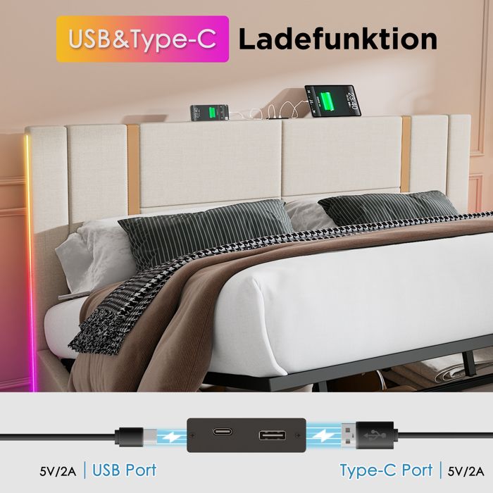 Lit coffre 160x200 - LED - Rangement - Beige - Cdiscount Maison