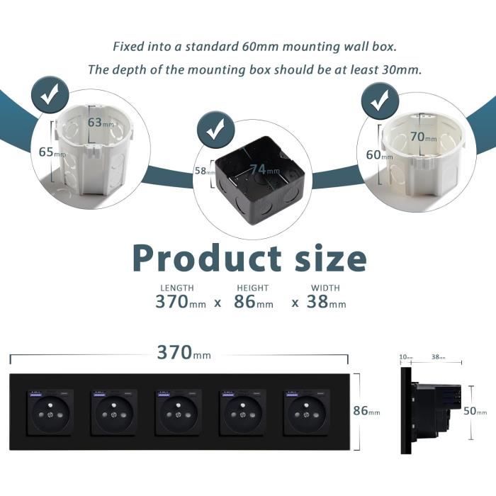 Quintuple Prise Murale Avec Usb C,Prise De Courant À Encastrer,16A ...