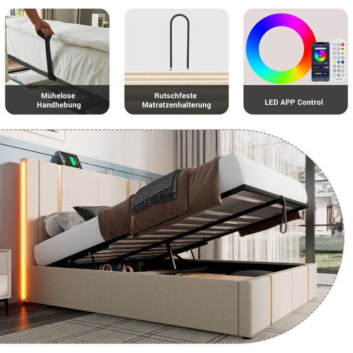 Lit coffre 160x200 - LED - Rangement - Beige - Cdiscount Maison