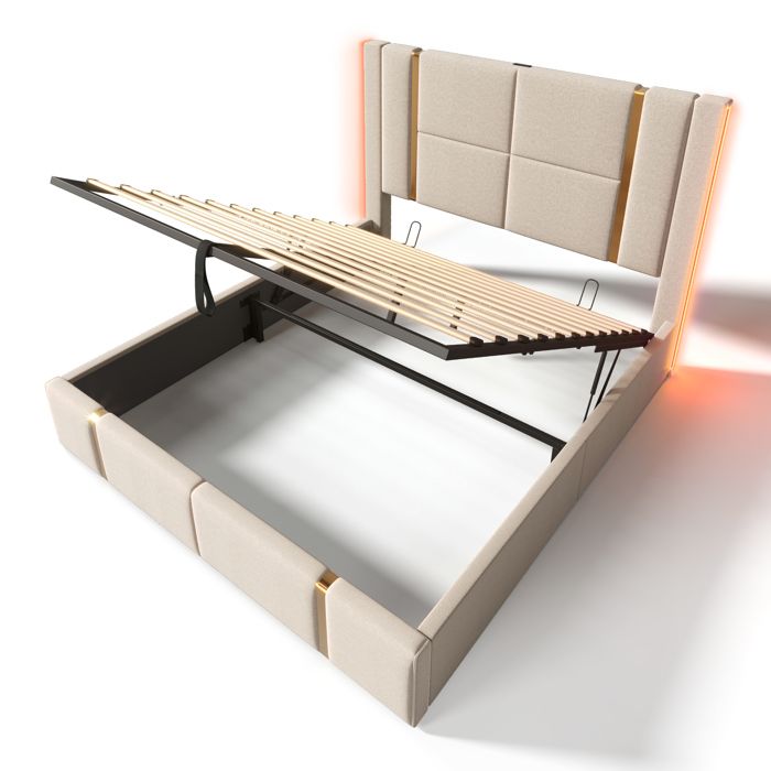 Lit coffre 160x200 - LED - Rangement - Beige - Cdiscount Maison