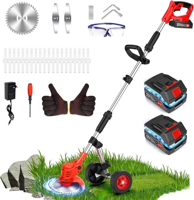 21V Debroussailleuse Electrique sans Fil, Débroussailleuse à Batterie avec Roues Réglables ...