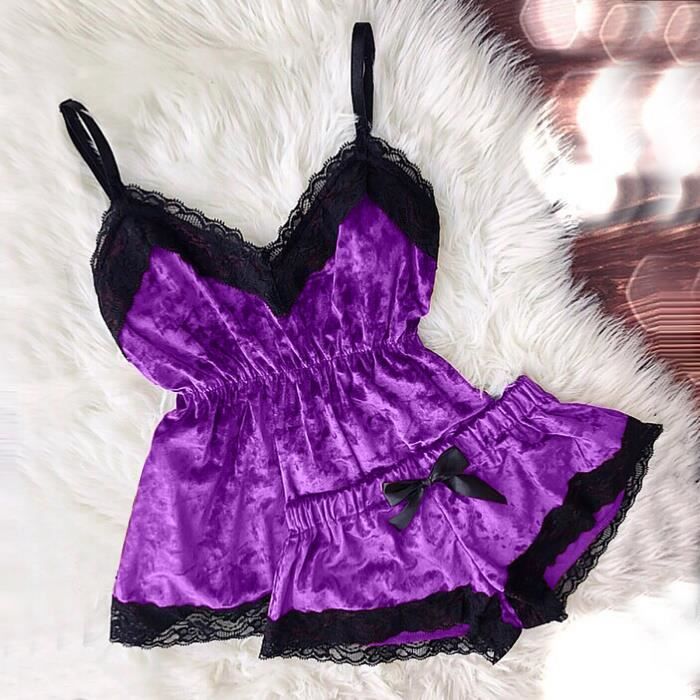 Femmes V Neck Cils Dentelle Sexy Tache Camisole Pyjama Bowknot Shorts