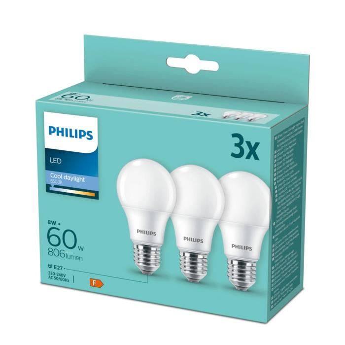 Philips Ledbulb A60 E27 8W 6500K 806Lm 230V - 3 -Pack - Daylight White - Cdiscount Maison