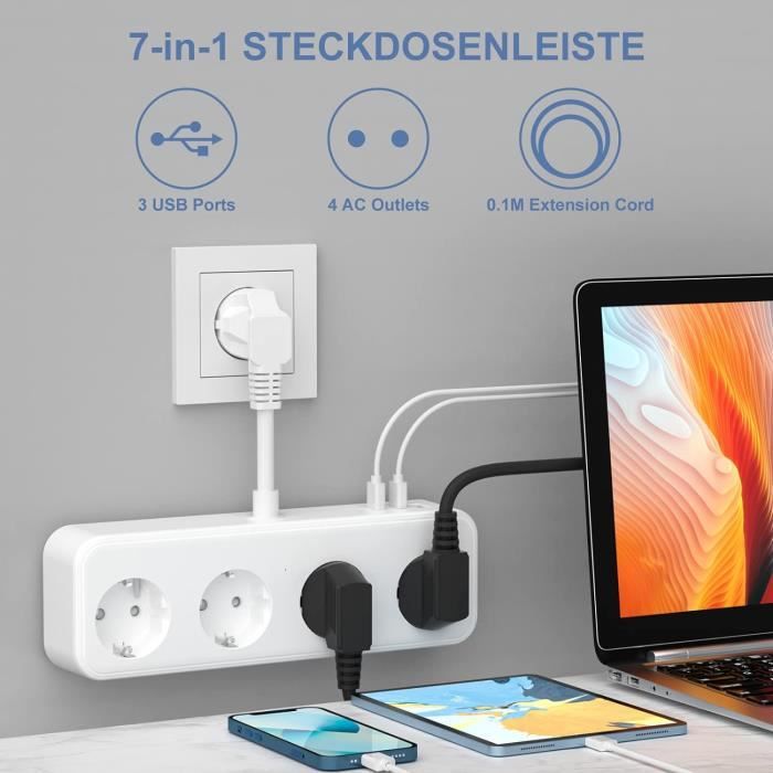 Multiprise multiprises avec 4 compartiments et 3 USB, adaptateur de prise 7 en 1 avec câble ...