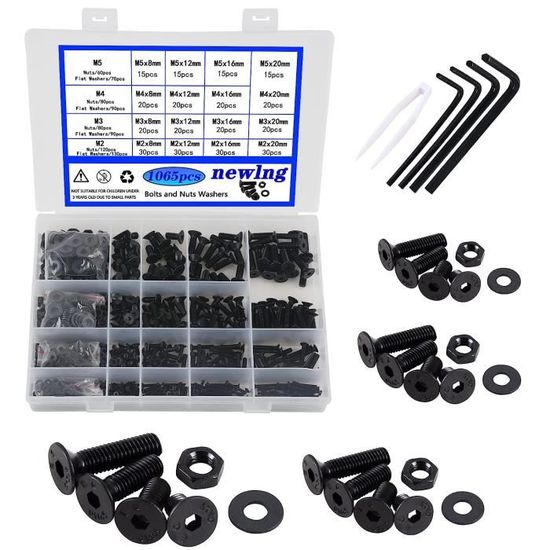 Newlng M2 M3 M4 M5 Boulon Noir 1060 Pièces Boulon Tete Noir Jeu de Vis et écrous Avec Rondelles ...