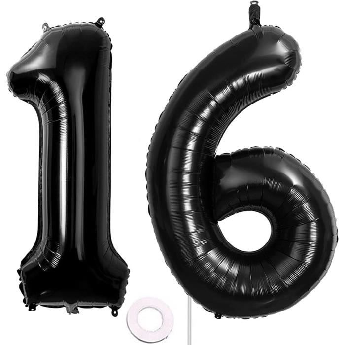 Ballon Anniversaire 16 Ans Noir, 100 Cm Ballon Chiffre Numéro 16 Noir ...