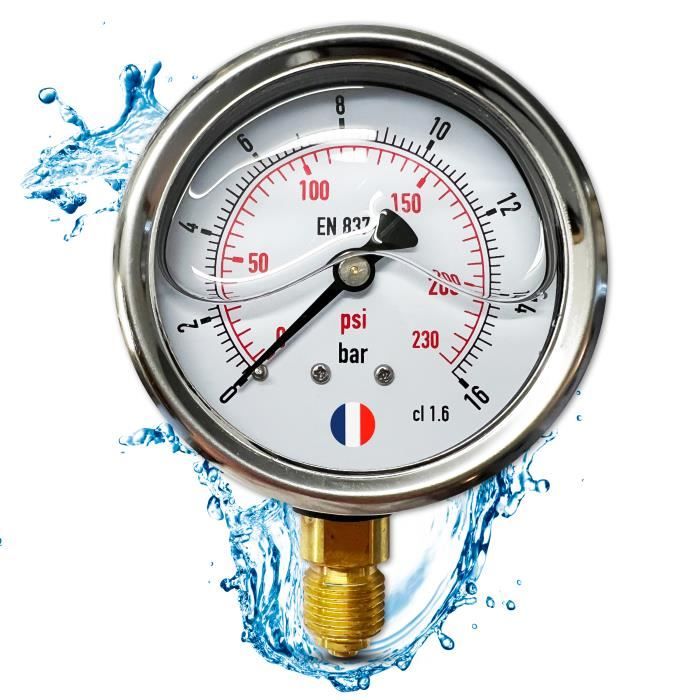Manomètre Pression Eau 16 Bars Glycérine | Raccordement Vertical Radial 1-4" Pression Piscine ...