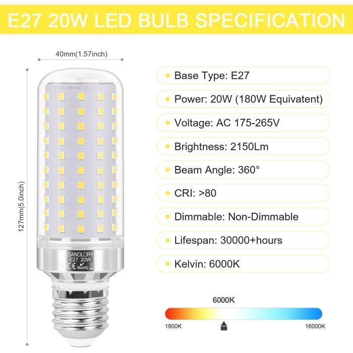 Ampoules Led E27 20W Équivalent À Halogène 180W Lampes Maïs E27 Led Blanc Froid 6000K 2150Lm ...