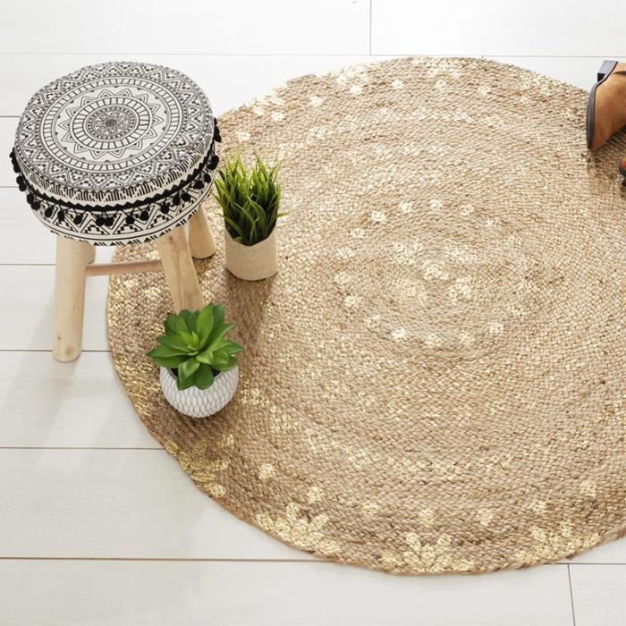 Tapis Rond Jute Naturel 115cm Imprimé Doré - SILUMEN - Style Naturel - Utilisation Intérieur ...