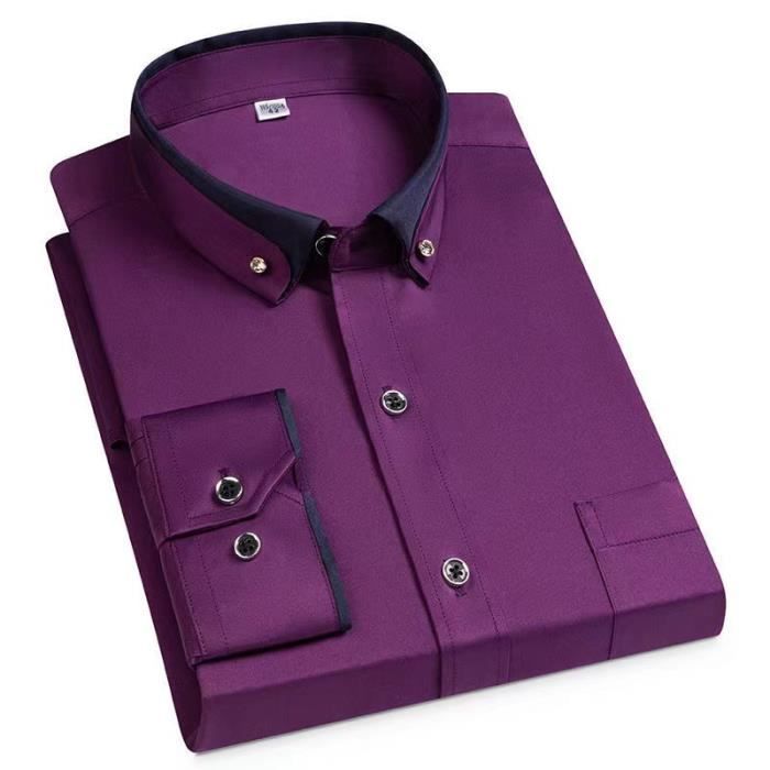 Chemise Homme Business Stretch Manches Longues Chemise Col Boutonné Couleur Unie Avec Poche ...