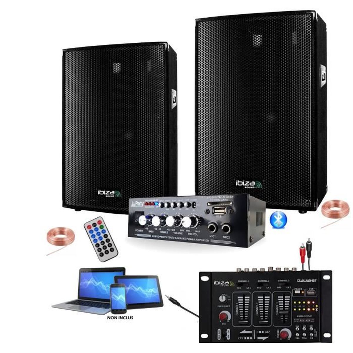 PACK SONO DJ 600W + AMPLI USB BLUETOOTH + 2 ENCEINTES 300W + TABLE DE ...