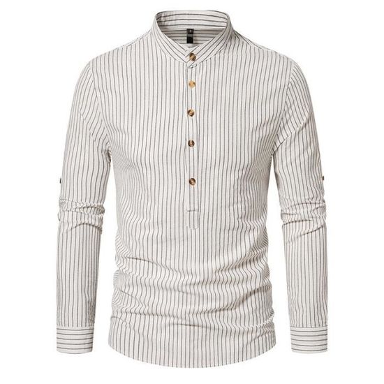 Chemise homme col Henry boutonné manches longues à rayures mode décontracté Blanc - KJEHOME ...
