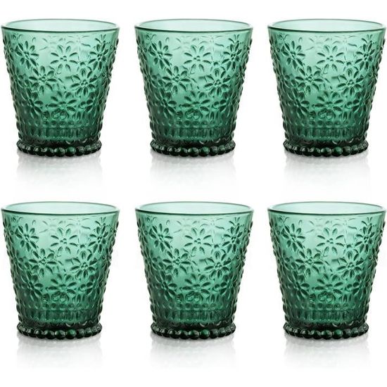 Joeyan 260ml Verres à Eau en Relief Fleur - Lot de 6 Gobelets Vintage en Verre Vert - Verres à ...