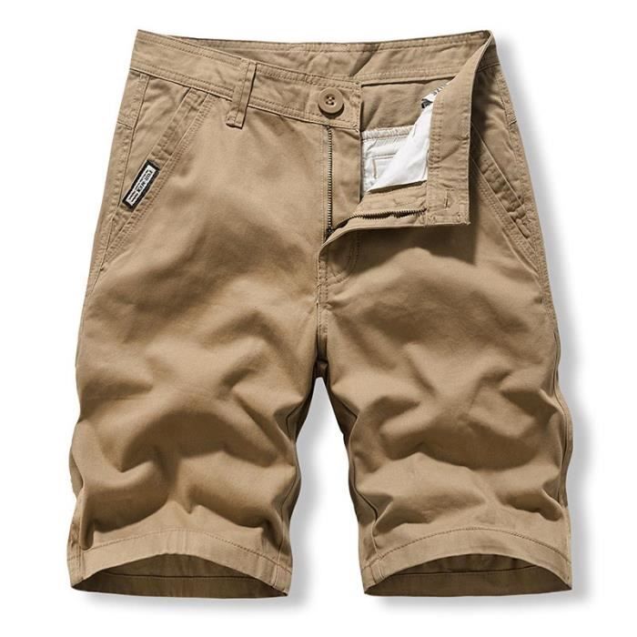 Short Cargo Homme Coupe Droite en Coton Casual Ete Couleur Unie Kaki ...
