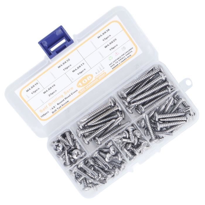 Qiilu Vis à tête ronde Assortiment de 108 vis autoperceuses M4.8 à tête ronde en acier ...