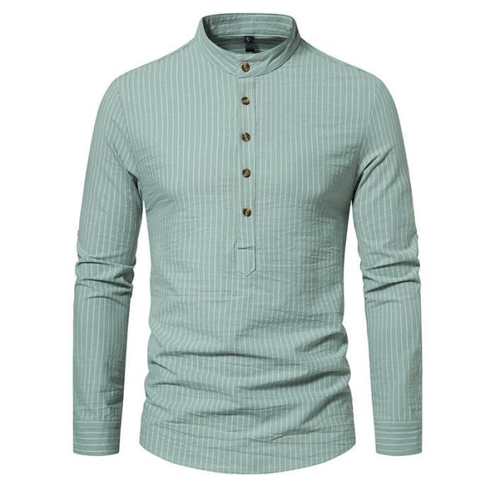 Chemise homme col Henry boutonné manches longues à rayures mode décontracté Blanc - KJEHOME ...