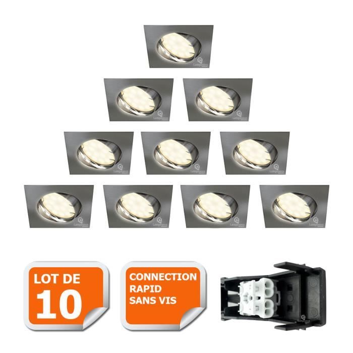 Spot encastrable orientable LED carré alu brossé GU10 230V eq. 50W blanc chaud - Lot de 10 ...