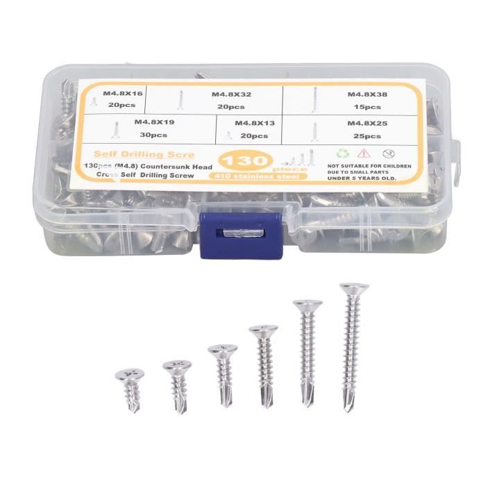 HURRISE vis autoperceuses à tête plate 130 pièces vis cruciformes à tête plate en acier ...