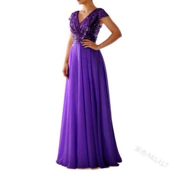Robe de Soirée Femme Longue Paillettes Mousseline de Soie Fluide col en ...