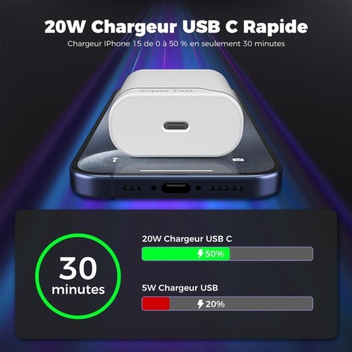 Chargeur Prise Usb C, 20W Embout Chargeur Rapide Pour Iphone 15, 15 ...
