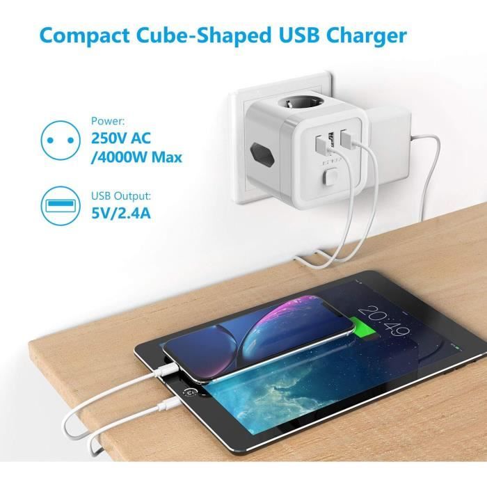 Cube Multiprise Usb Murale,6 En 1 Prise Usb Secteur Multiple Bloc Multiprise 3 Prises(1 Sortie ...