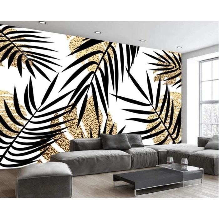 Papier Peint 3D Feuilles De Palmier Noir Doré Papier Peint Panoramique ...