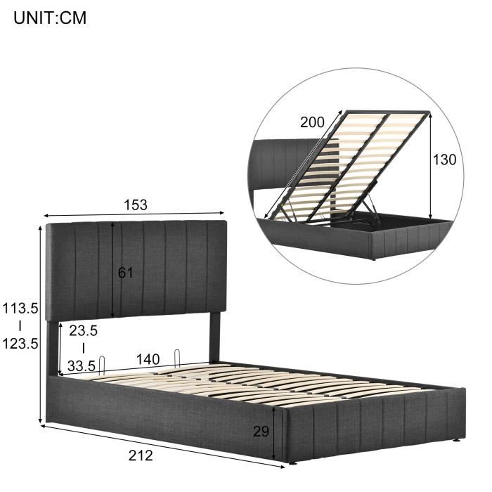 XIO® Lit double rembourré hydraulique 140x200cm, tête de lit réglable ...