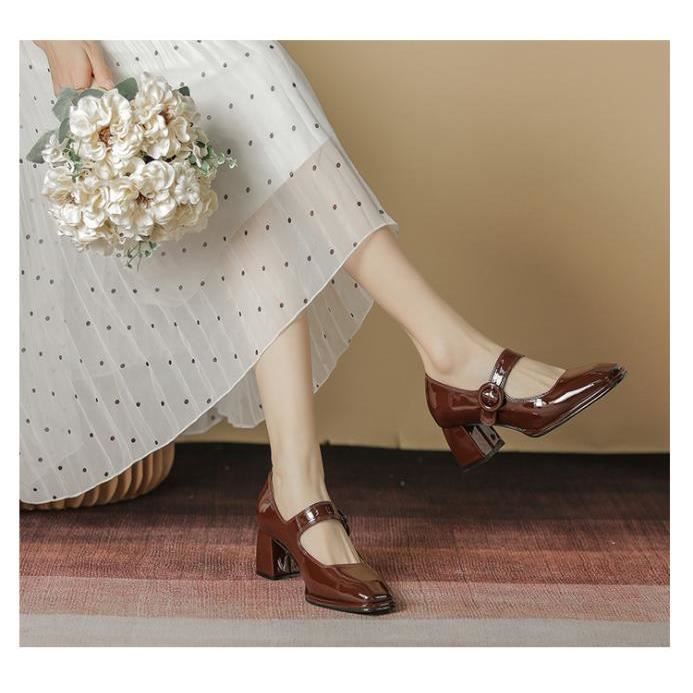 Escarpins Femme Talon bloc fashion en cuir verni Mary Jane - Rouge ...