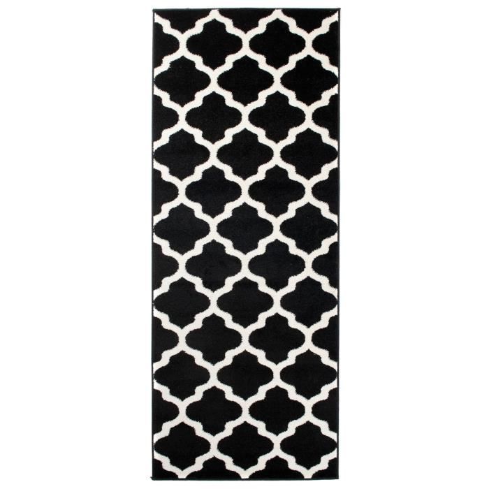 TAPISO Tapis de Couloir Salon Entrée Chambre LUXURY Noir Blanc Motif Trèfle Marocain 90x160 cm ...