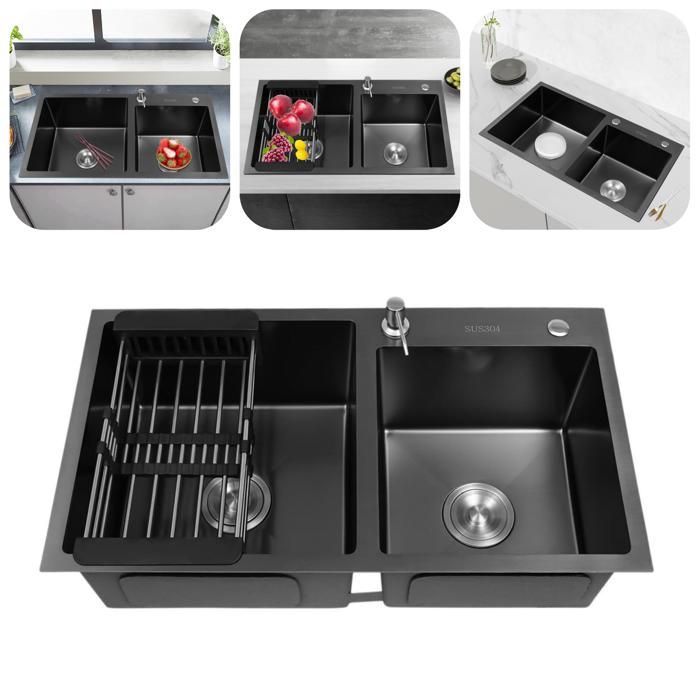 Évier de Cuisine Double Bacs - Évier de Cuisine avec Drain, Distributeur de Savon (Sans Robinet ...