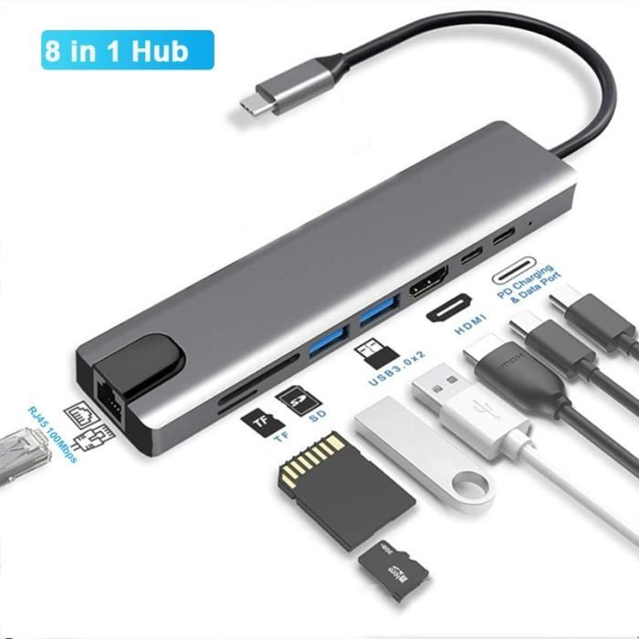 8 en 1 RJ45 HDMI PD - Hub USB type c 10 en 1 avec câble caché ...