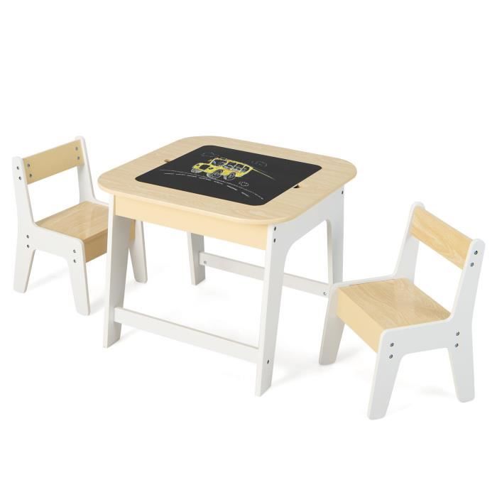 COSTWAY Table avec 2 Chaises Enfants 3-6 Ans - Plateau 2 Face : Noir et ...