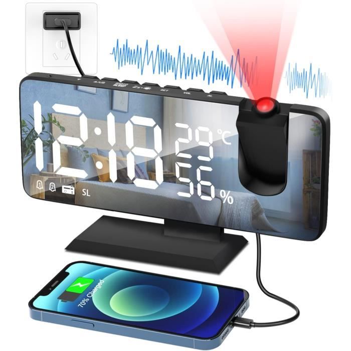 Reveil Projection Plafond Avec Radio Fm, Adaptateur, Écran Miroir Led 7 ...