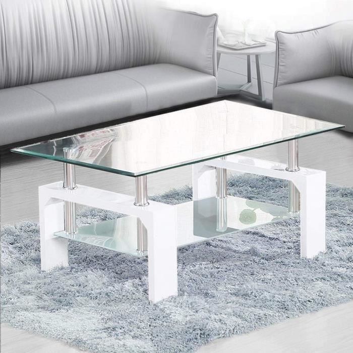 Table Basse rectangulaire en Verre Transparent Moderne avec étagère ...