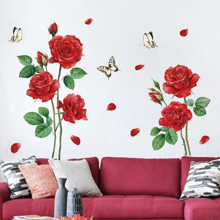 Stickers Muraux Rose Rouge Autocollants Muraux Mural Stickers Fleurs ...