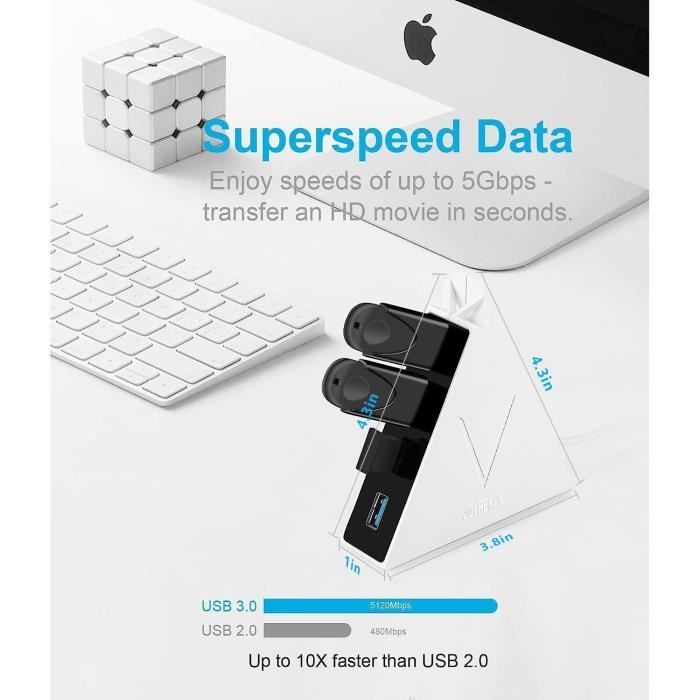 4-Port USB 3.0 Hub, FlyingVHUB Vertical Data USB Hub with 2 ft Extended ...