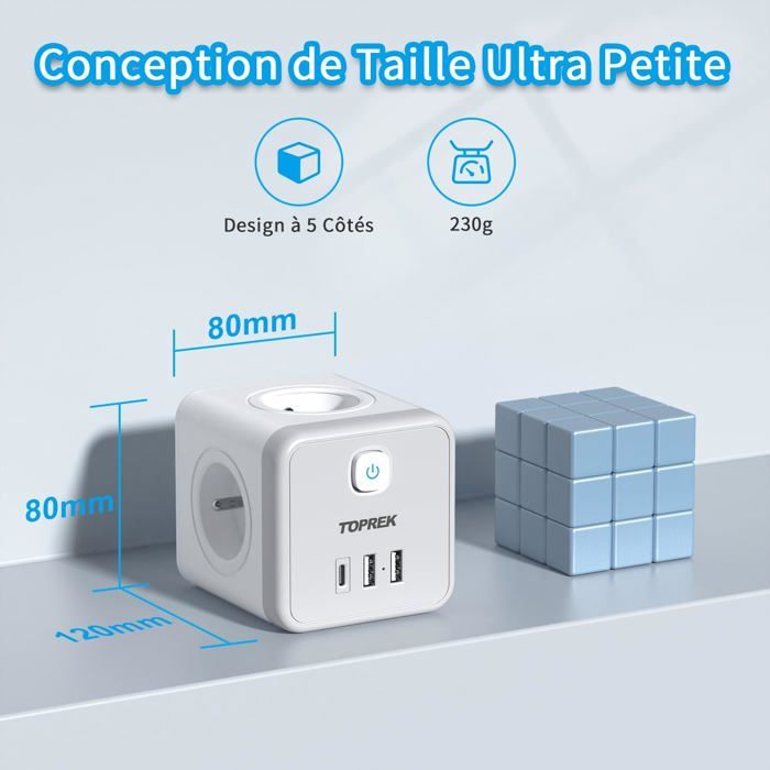 Multiprise Murale 7 en 1 - TOPREK - 4 Prises Françaises - 3 Ports USB ...
