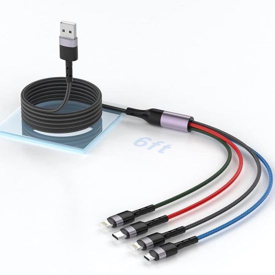 Câble De Chargeur 4 En 1 De 1.8 M - 6Ft, Nylon Tressé Usb Multi ...