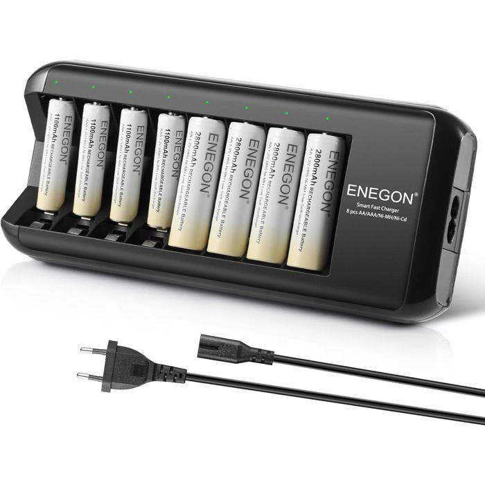 Chargeur de Piles (8 Fentes) avec 4 Piles Rechargeables AA 1100mAh & 4 ...