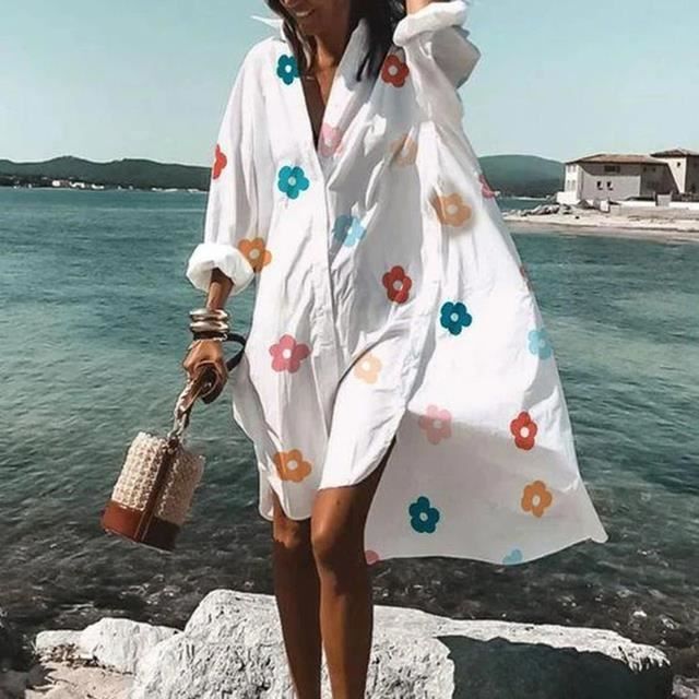 Robe,Robe à col rabattu pour femmes,chemise imprimée à manches longues ...