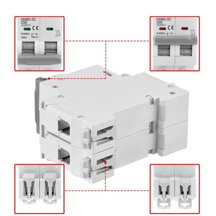 Lot de 2 disjoncteurs miniatures DC HSB6C-DC, 2 pôles, DC500V 50A, Disjoncteur de puissance ...