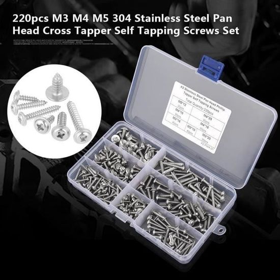 Vis autotaraudeuses 220pcs M3 M4 M5 304 en acier inoxydable à tête cylindrique cruciforme Vis ...
